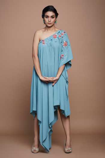 Buy Vyasa by Urvi Blue Royal Georgette Hand Embroidered One-shoulder ...