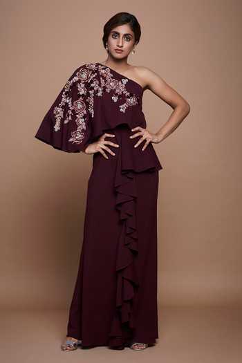 Buy Hand Embroidered One-Shoulder Gown by Vyasa by Urvi at Aza Fashions