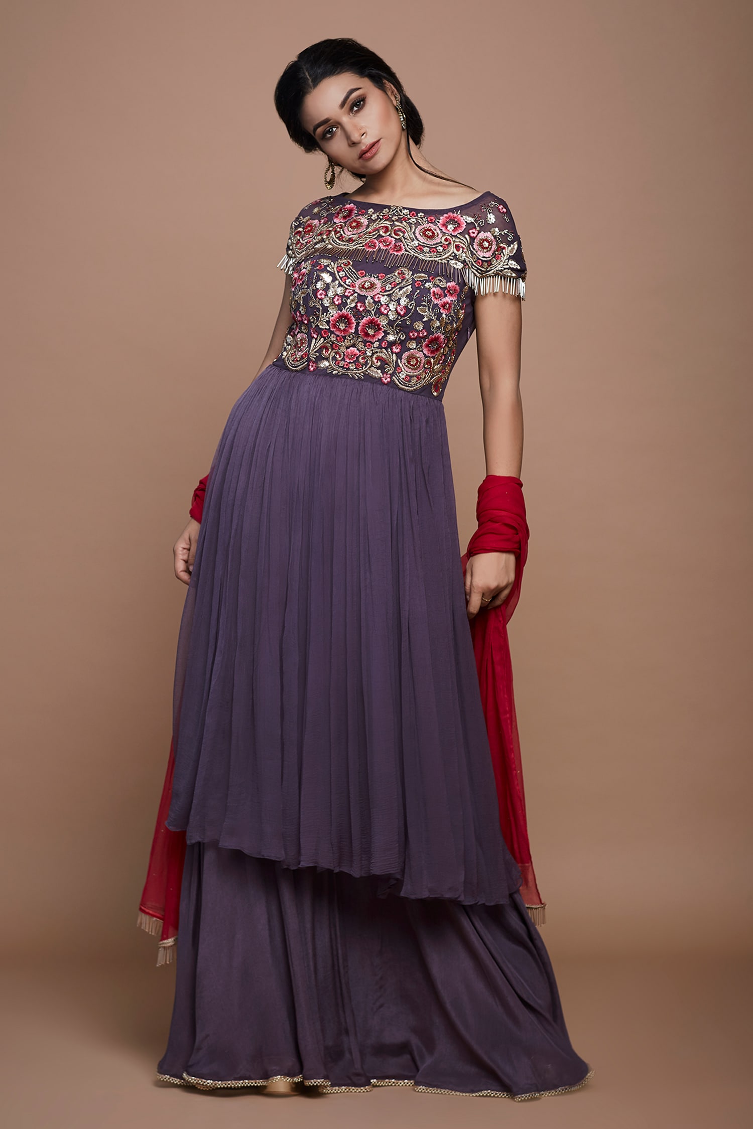 Buy Purple Net Hand Embroidered Beads Round Bodice Tunic Sharara Set ...