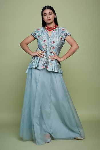 Buy Green Silk Embroidery Floral V Neck Peplum Top With Skirt For Women ...