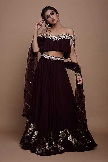 Buy Wine Net Embroidery Floral Straight Neck Hem Lehenga And Off ...