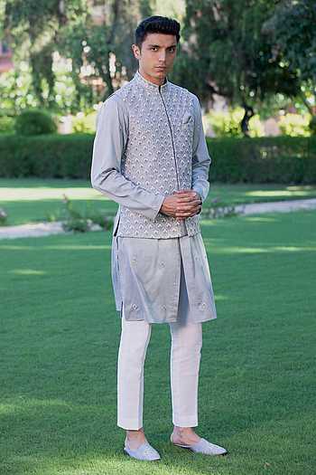 Buy Studio Bagechaa Grey Russian Silk Thread Embroidered Nehru Jacket ...