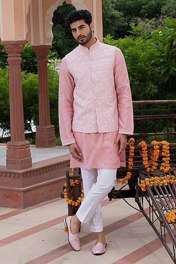 Buy Studio Bagechaa Pink Chanderi Embroidered Nehru Jacket And Kurta ...
