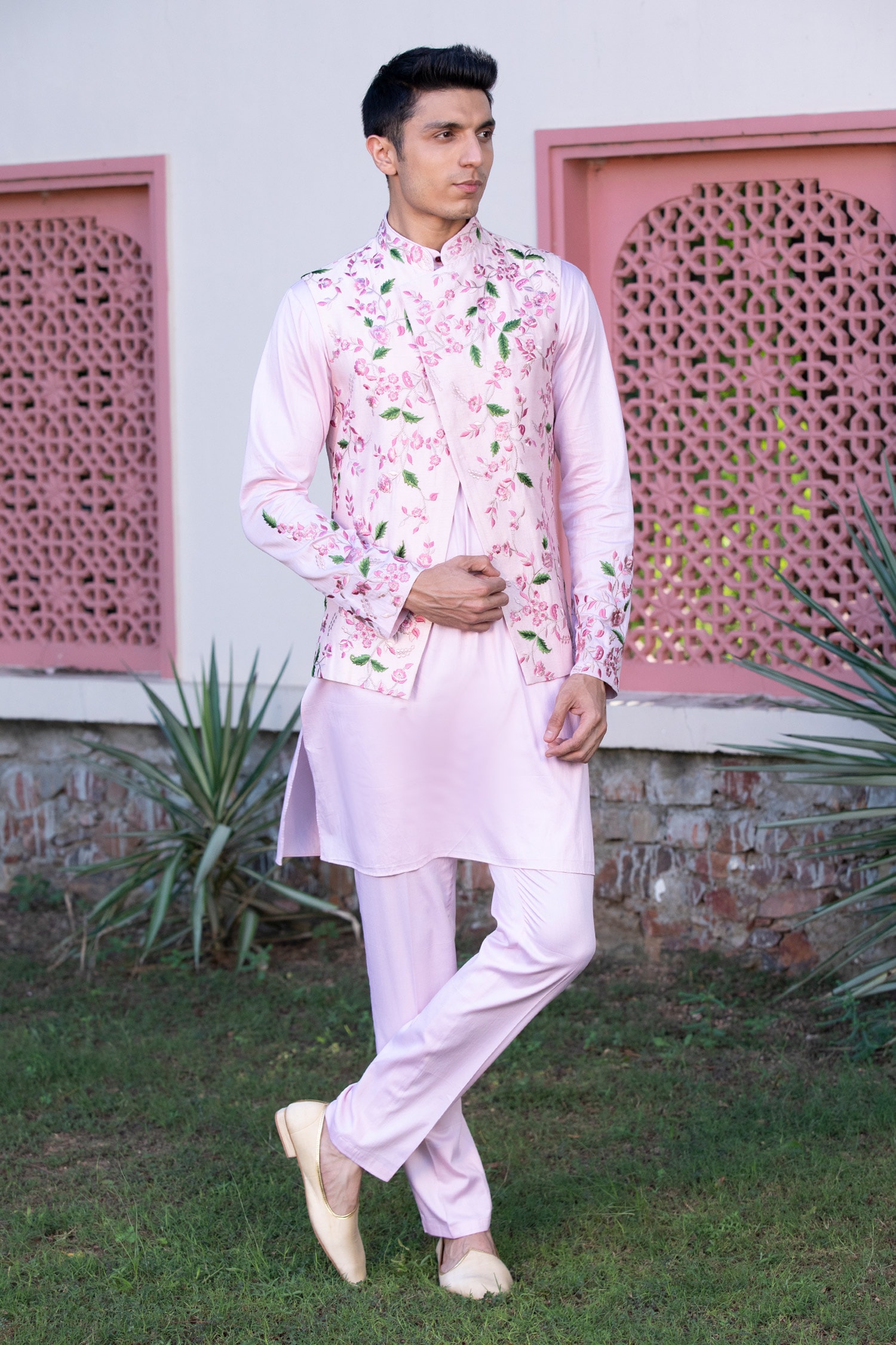 Buy Resham Embroidered Nehru Jacket & Kurta Set by Studio Bagechaa at ...