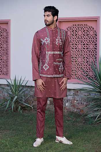 Buy Floral Embroidered Nehru Jacket & Kurta Set by Studio Bagechaa at ...