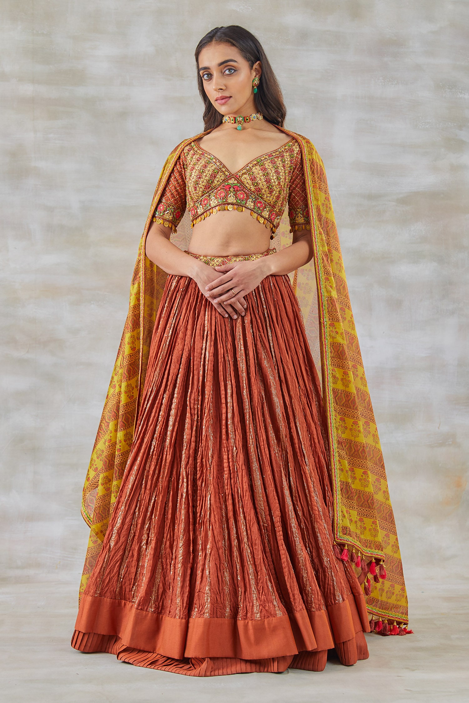 Buy Studio Bagechaa Orange Madhu Kamini Chanderi Silk Lehenga Set ...