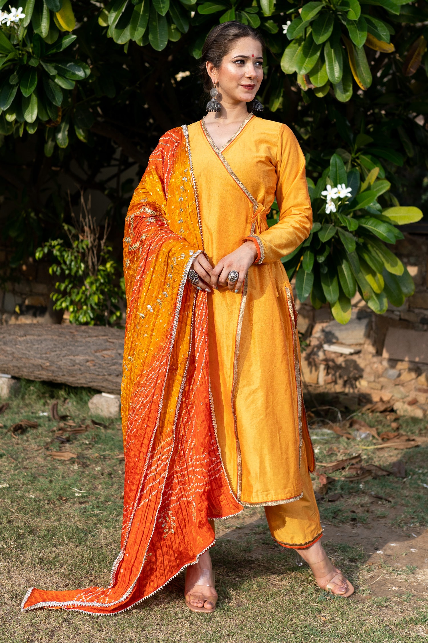 Buy Fiery Angarkha Set With Bandhej Pattern Dupatta by The Home Affair ...
