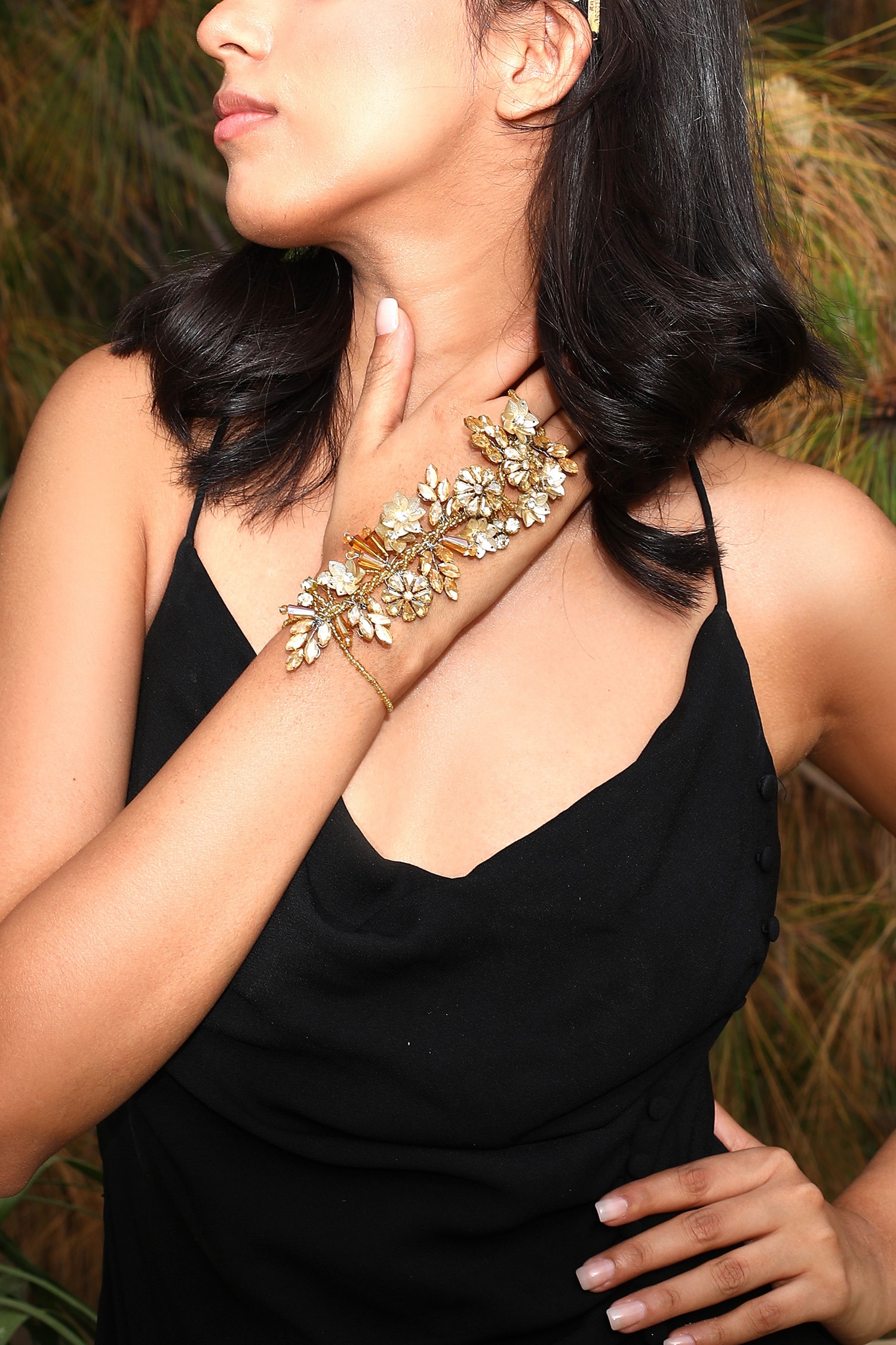 Buy Gold Plated Embellished Rani Floral Jewel Hathphool by Born Flash Online at Aza Fashions.