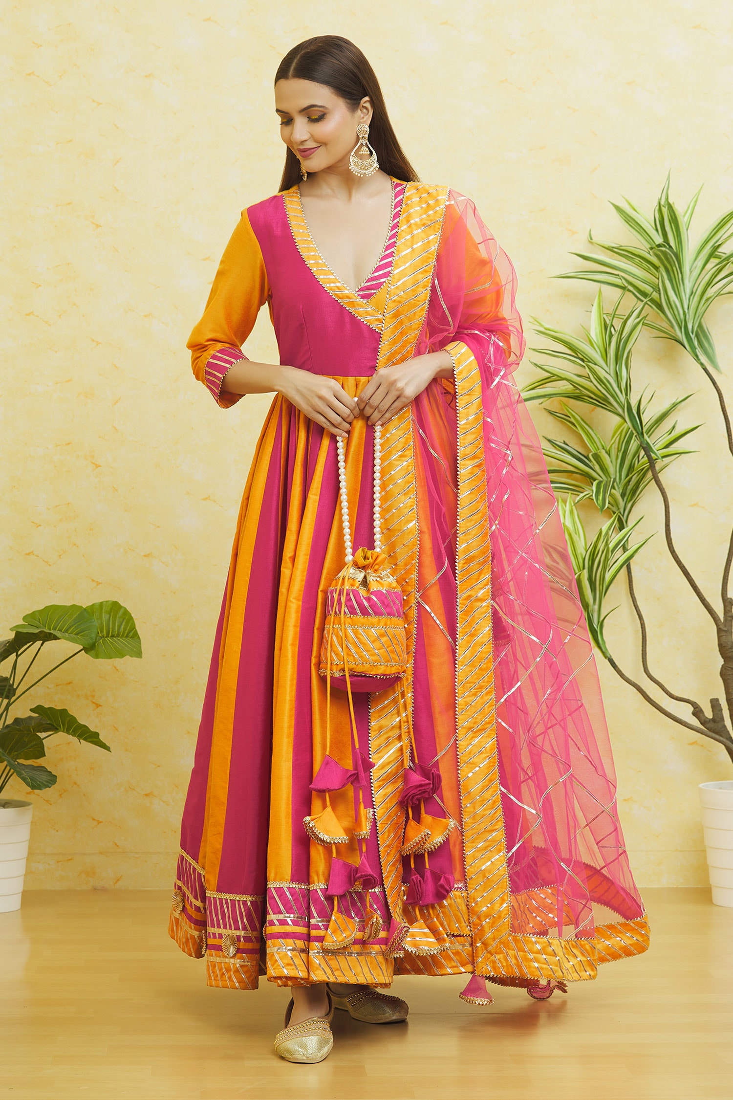 Buy Yellow Cotton Silk Embroidered Gota V Neck Panelled Anarkali Set