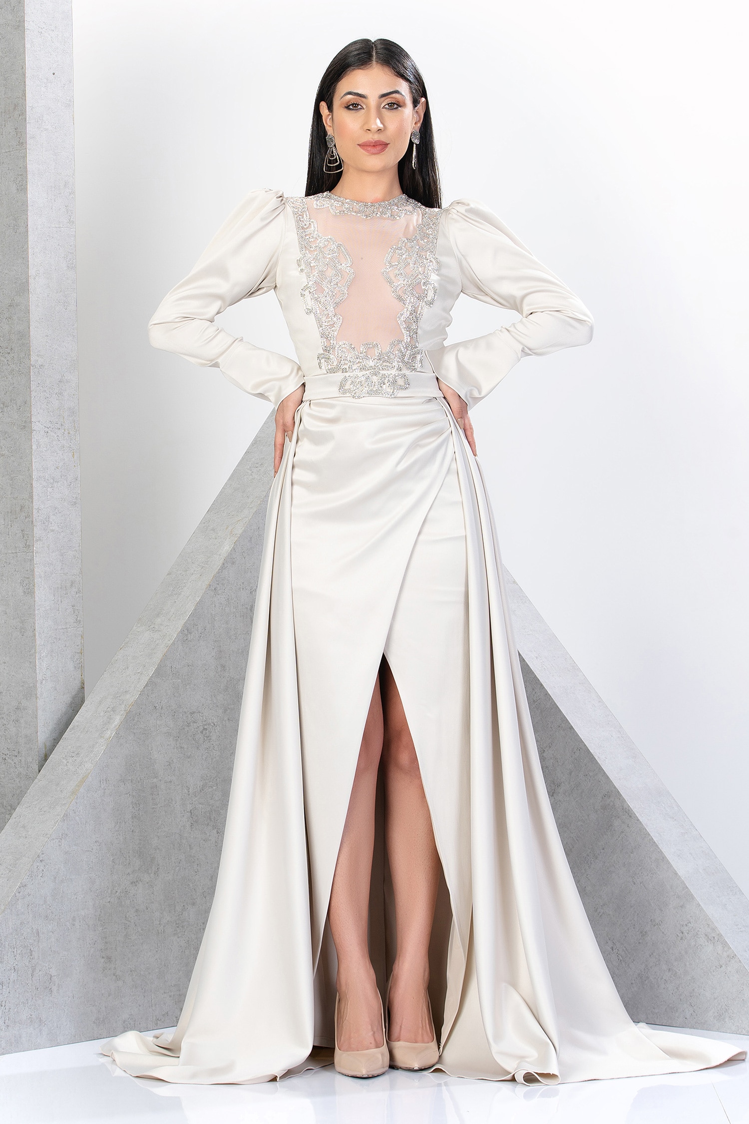 Buy Eli Bitton White Net Mesh Bodice Gown With Skirt Online | Aza Fashions