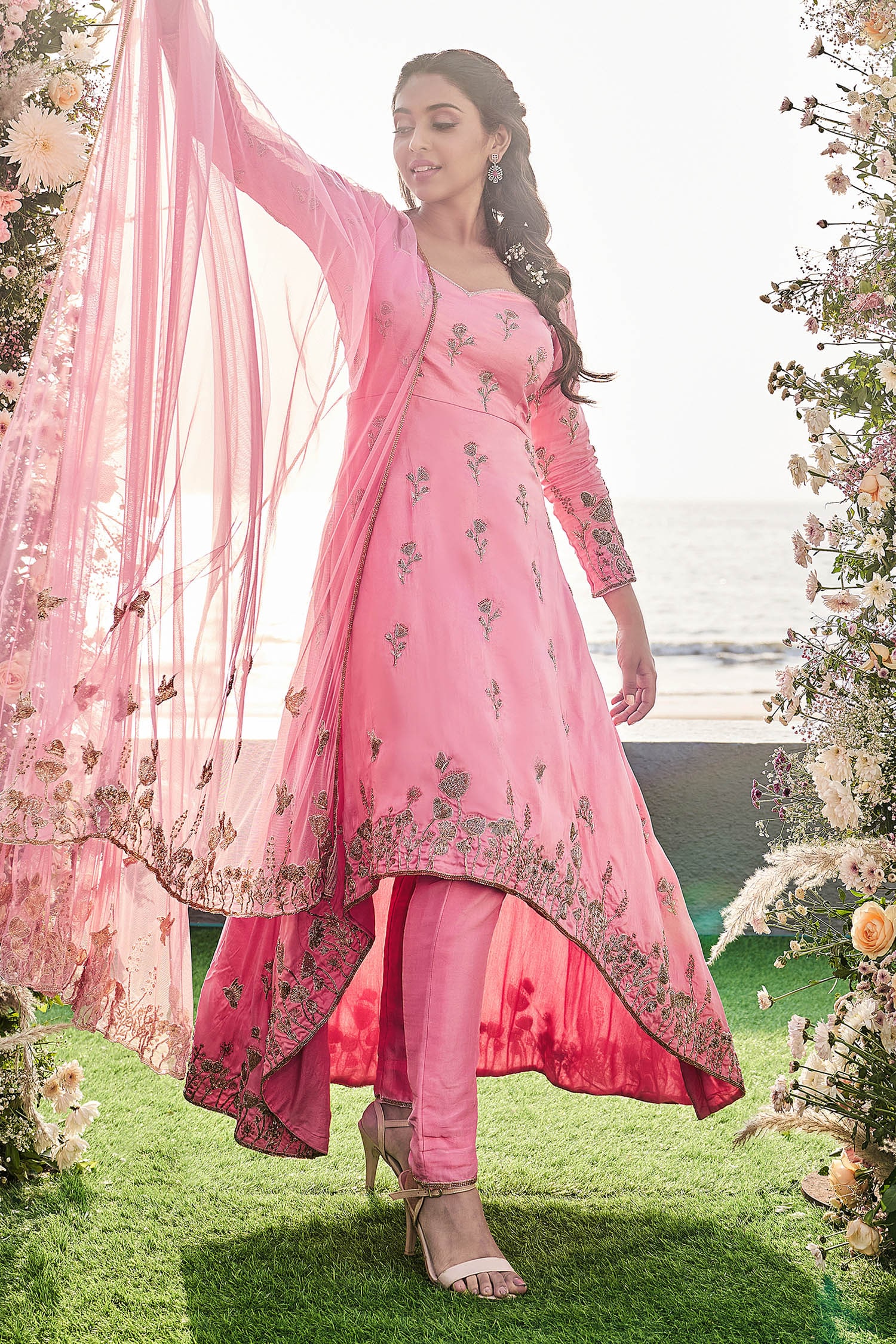 Buy Sanjana Thakur Pink Silk Aari Embroidered Anarkali Set Online Aza Fashions