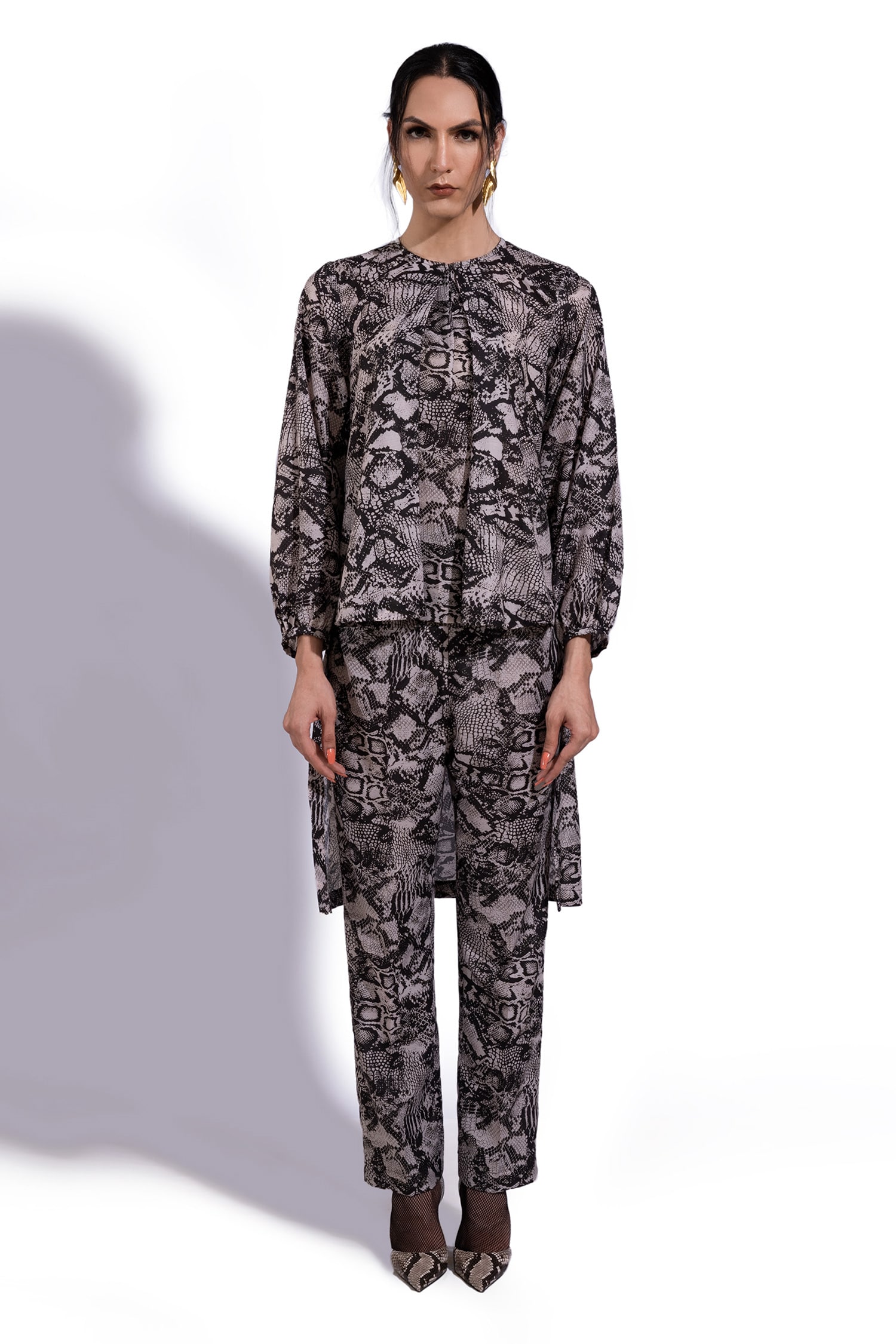 Buy Pooja Shroff Black Julius Caesar Satin Snake Print Top And Pant Set ...