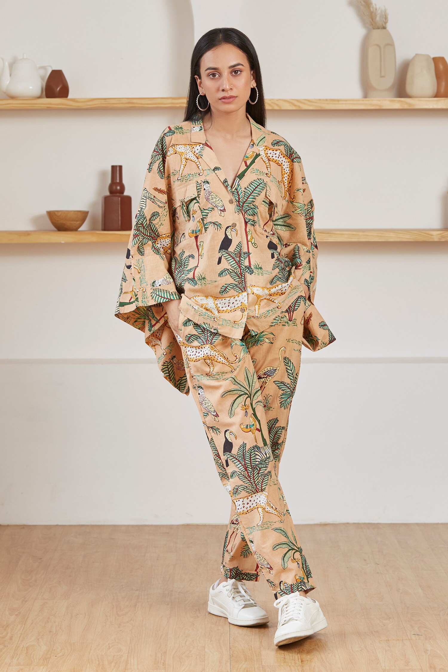 Buy Brown Cotton Woven Summer Spread Vanaspati And Animal Print Co-ord ...