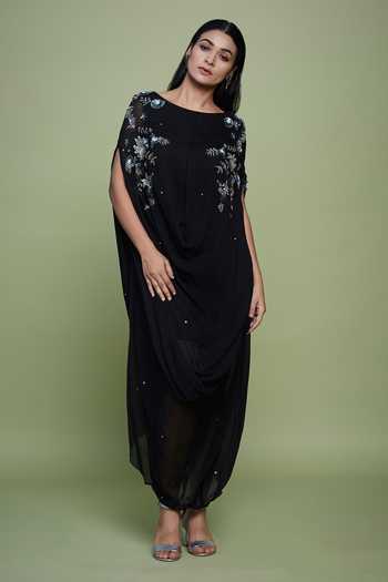 Buy Vyasa by Urvi Black Georgette Floral Embroidered Cowl Dress Online ...