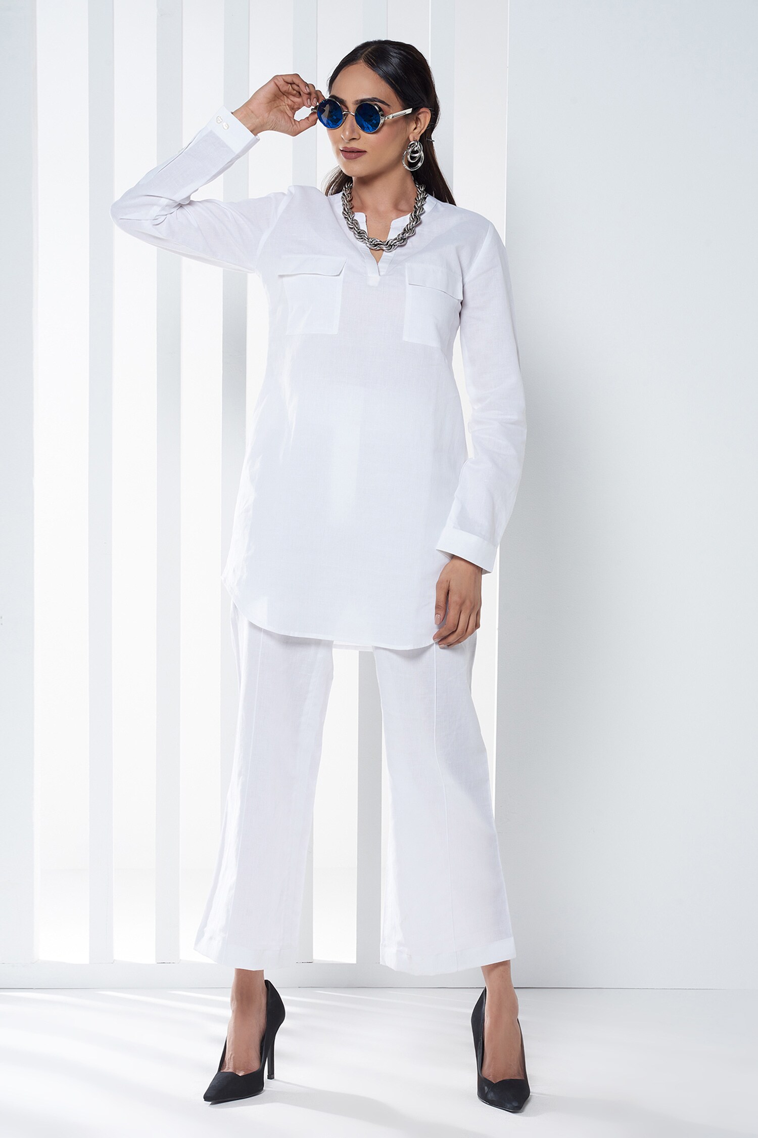 Buy Seven White Cotton Linen Solid Top And Flared Pant Set Online | Aza ...