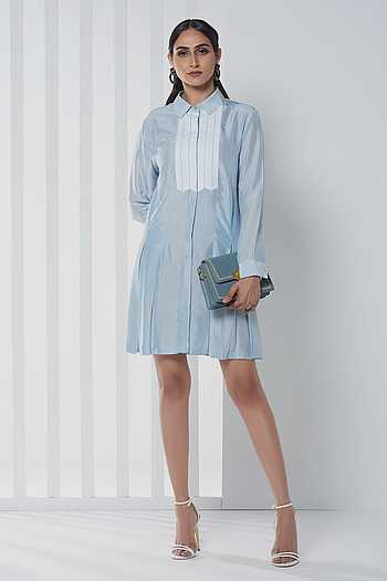 Buy Seven Blue Viscose Broken Bib Pleated Shirt Dress Online | Aza Fashions