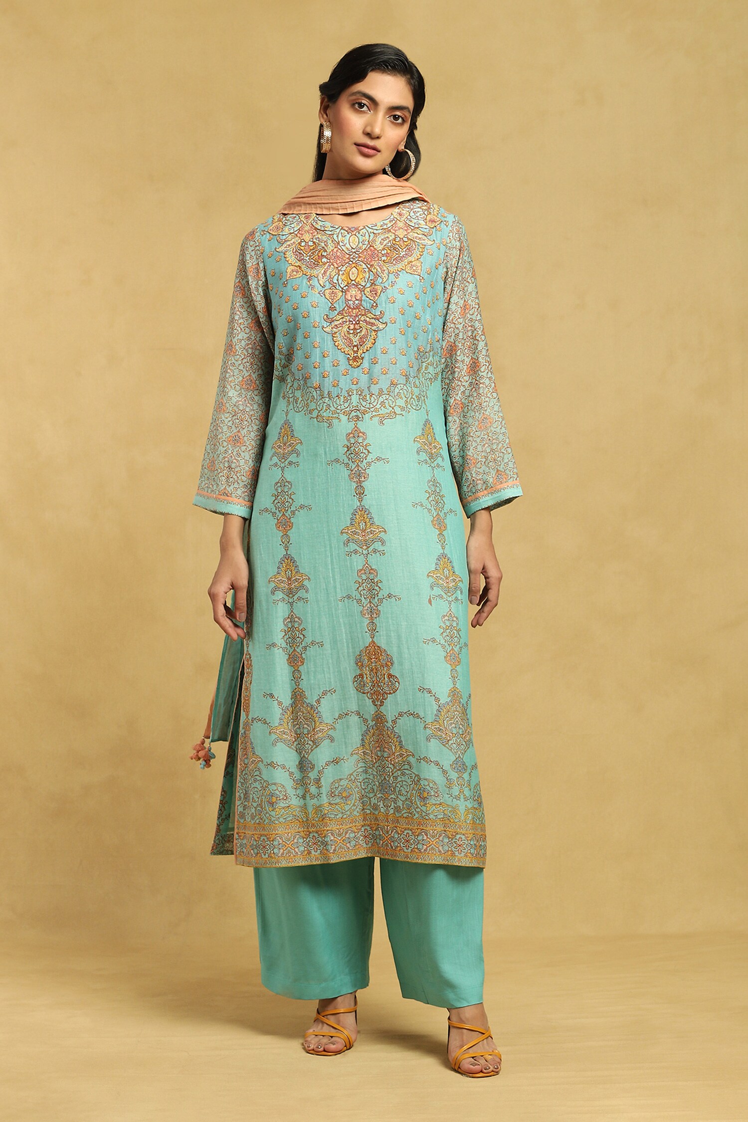 Buy Ritu Kumar Blue Cotton Silk Blossom Print Kurta Palazzo Set Online ...