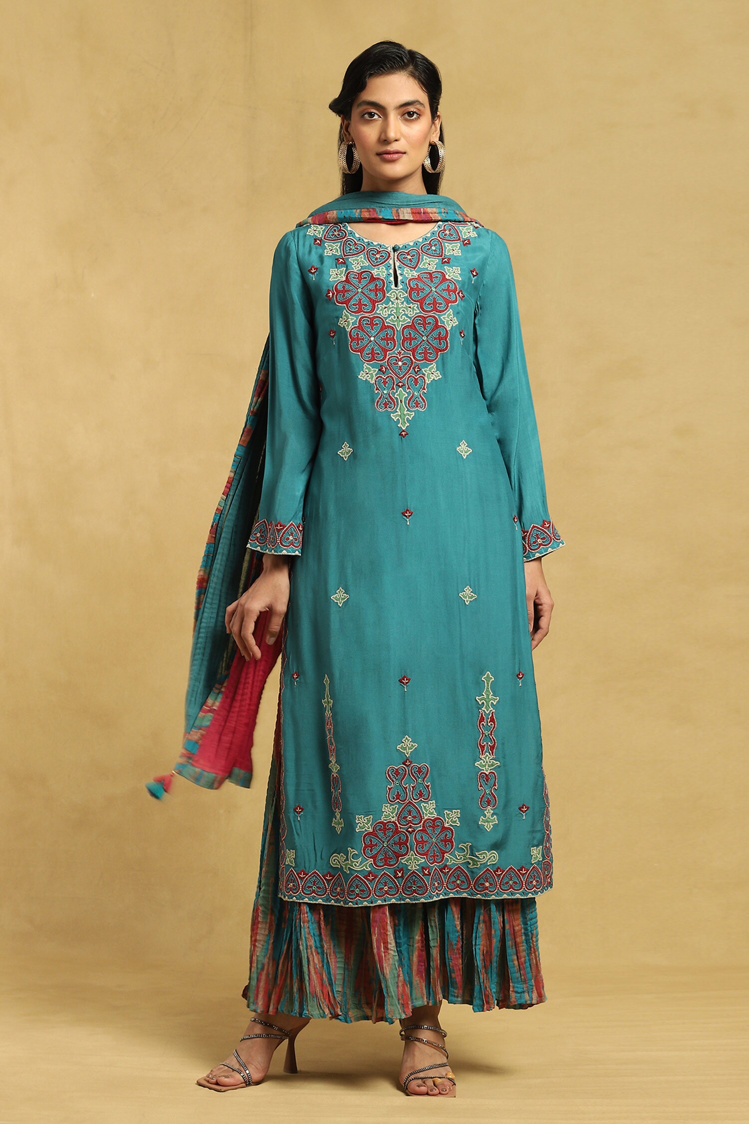 Buy Green Viscose Silk Embroidery Floral Bloom Round Kurta Palazzo Set ...