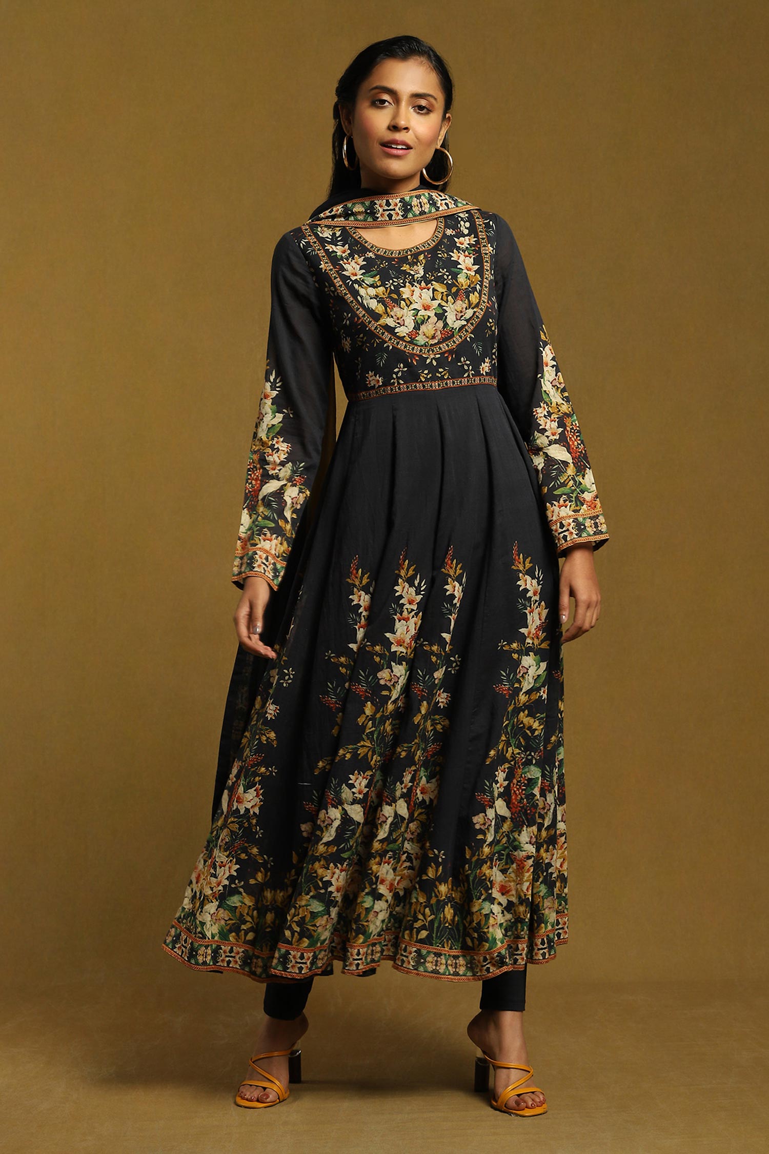 Buy Black Cotton Voile Print Blooming Floral Round Neck Anarkali Set ...