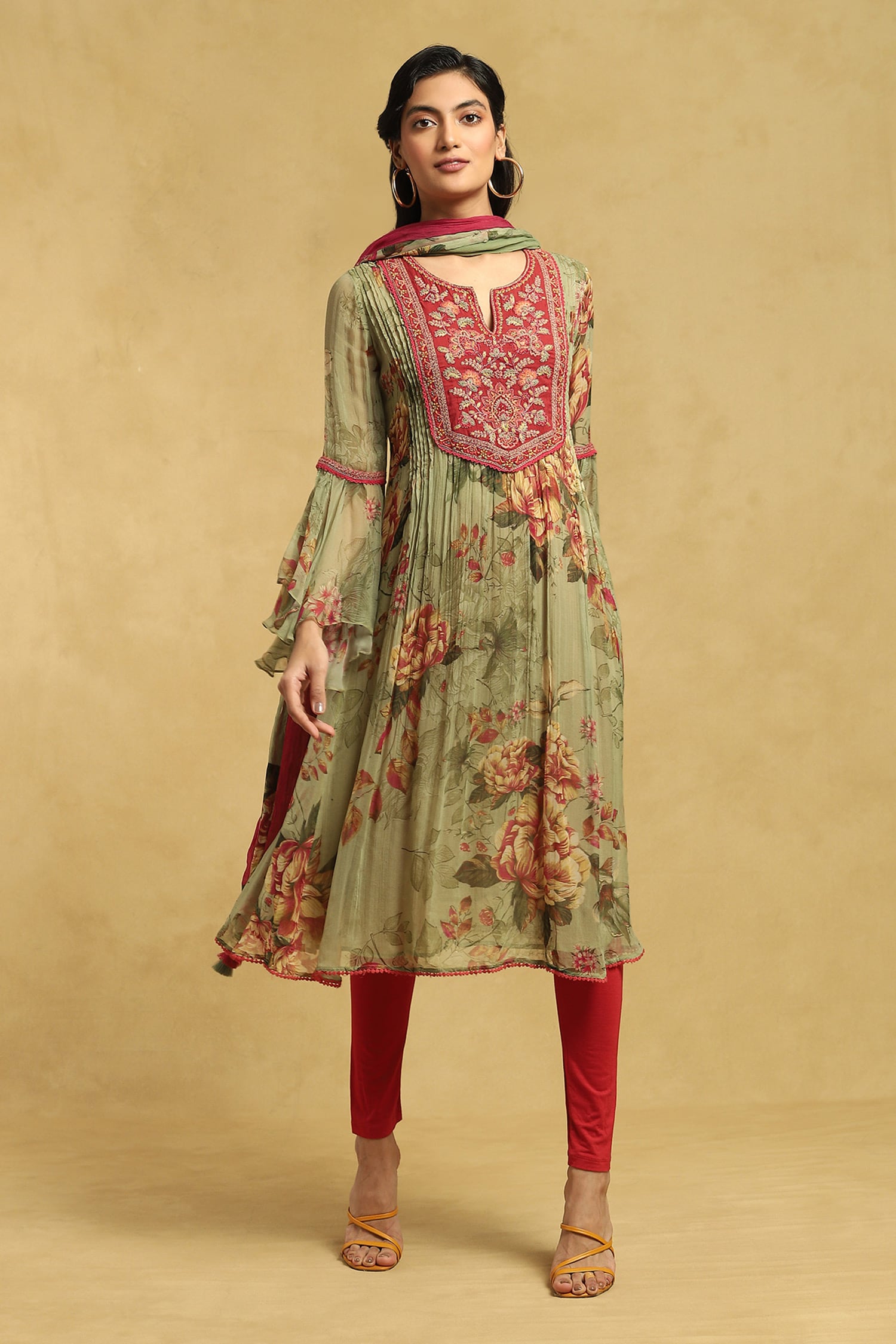 Buy Ritu Kumar Green Viscose Chiffon Vintage Floral Print Kurta Set ...
