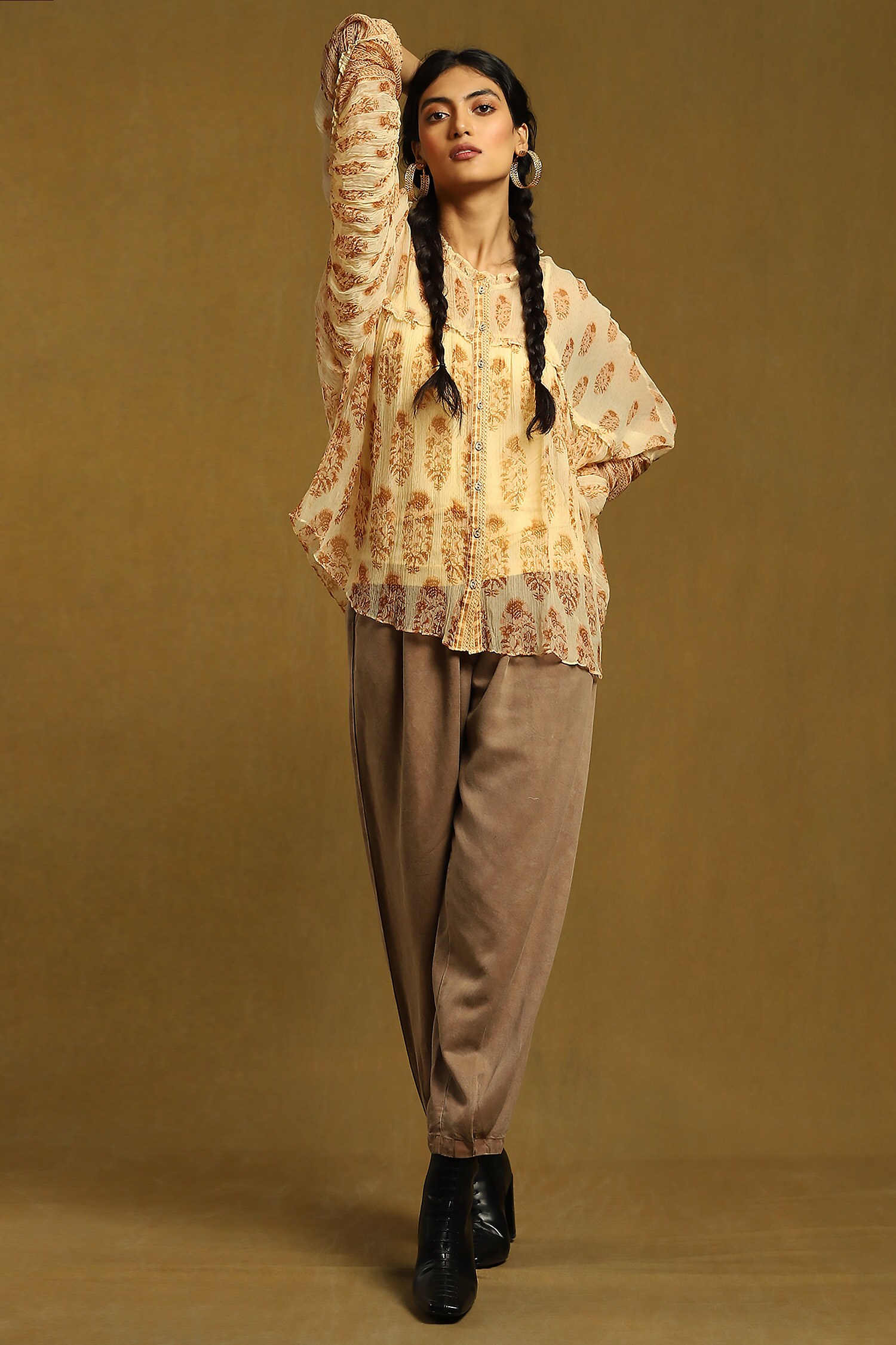 Buy Ritu Kumar Beige Viscose Paisley Print Shirt Online | Aza Fashions