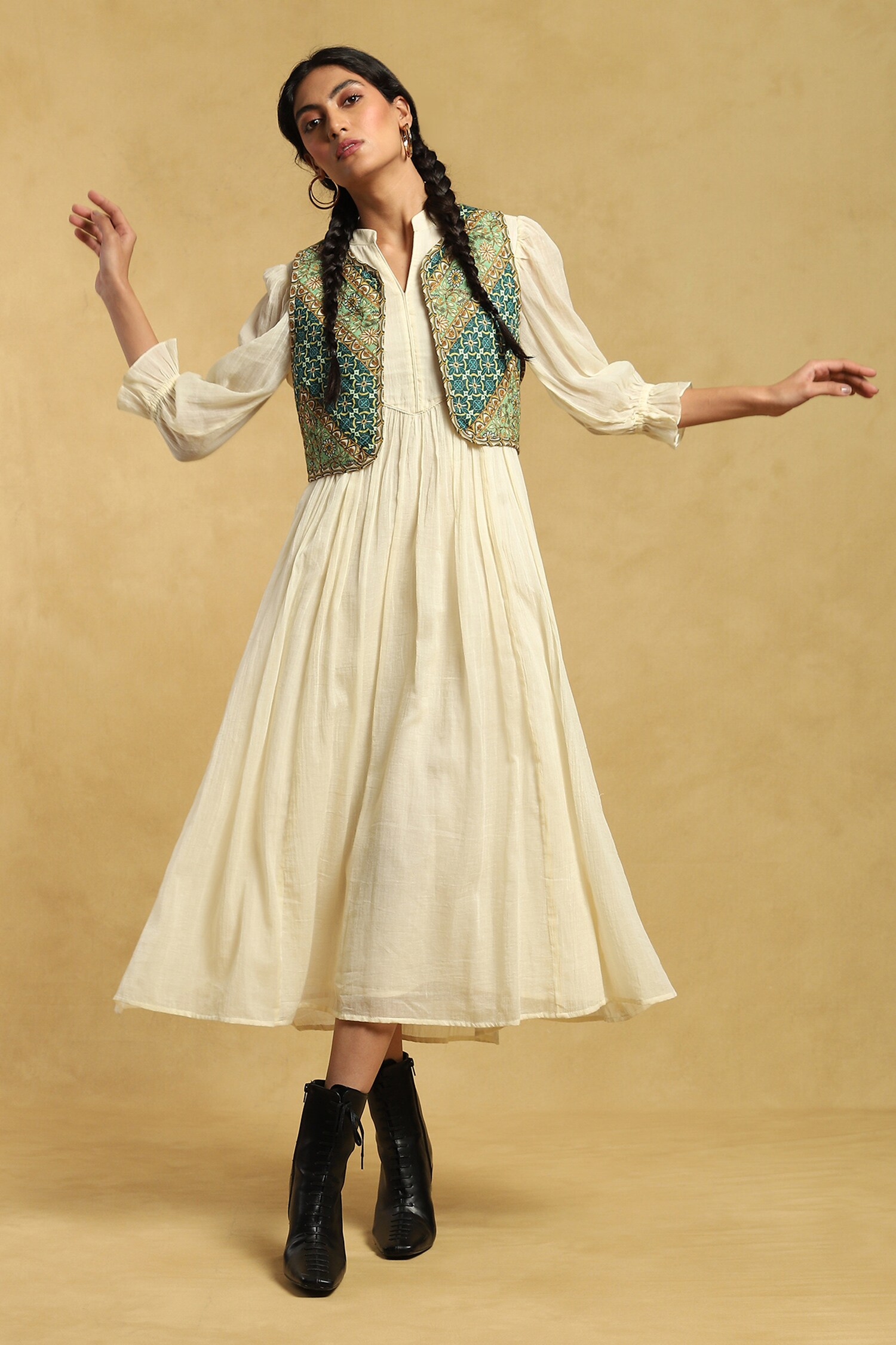 Buy Ritu Kumar White Cotton A-line Dress With Embroidered Waistcoat ...