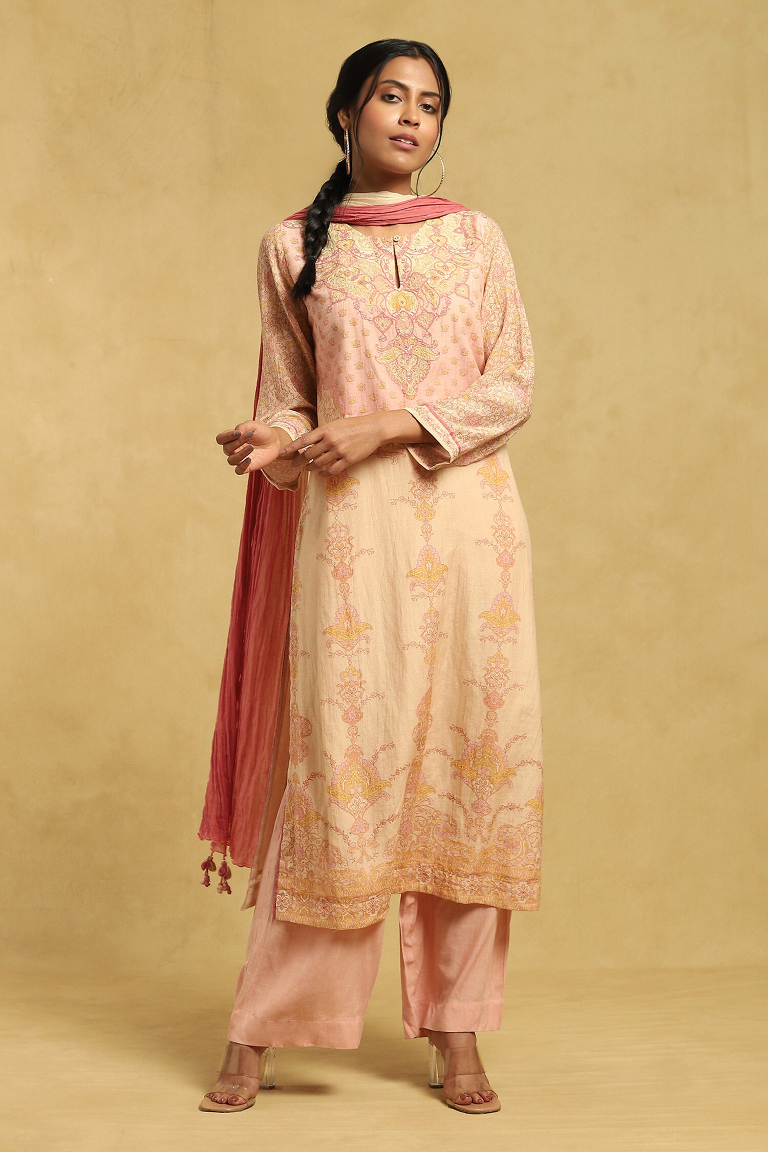Buy Ritu Kumar Beige Cotton Silk Flower Print Kurta Set Online | Aza Fashions
