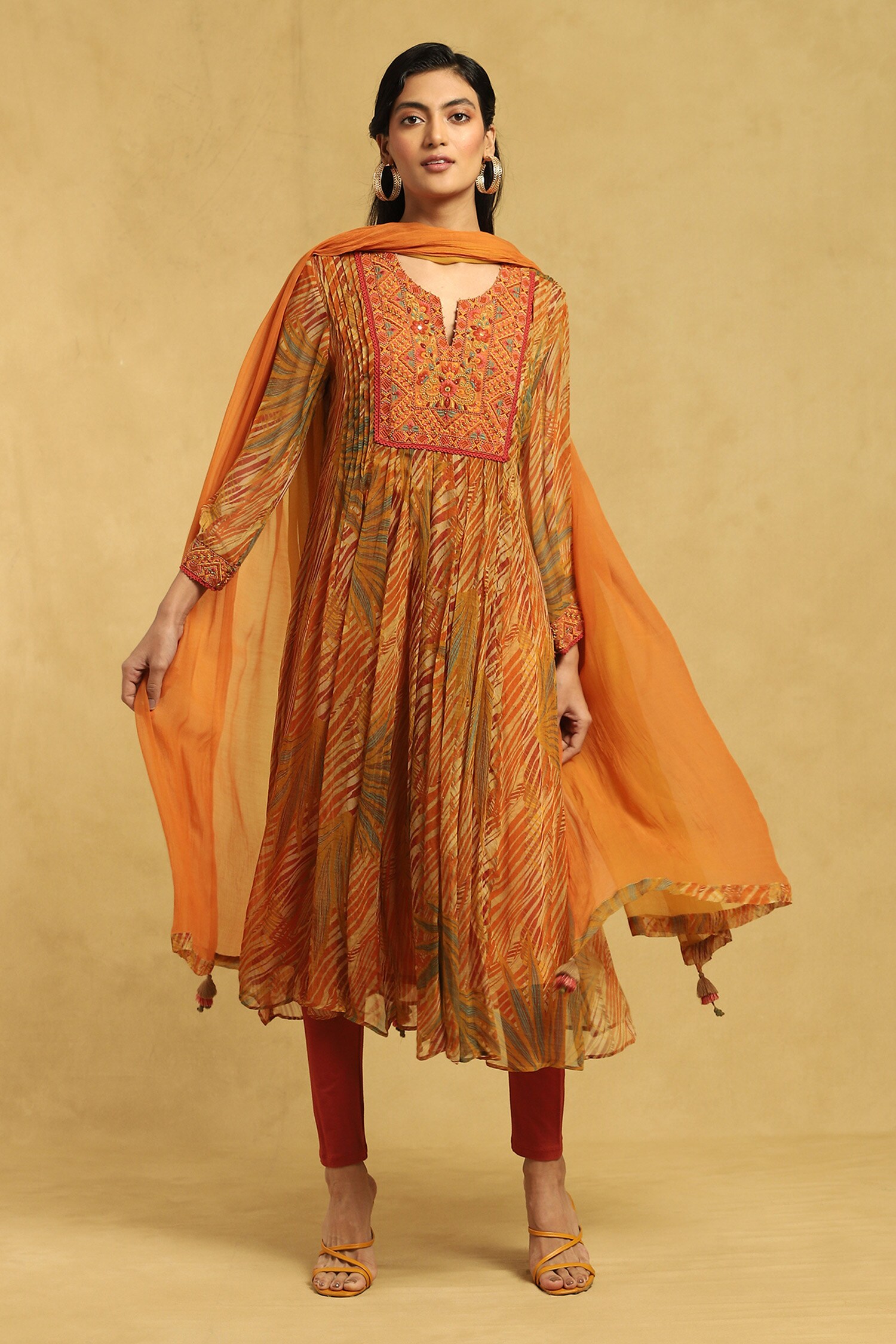 Buy Ritu Kumar Orange Viscose Lycra Jersey Botanical Print A-line Kurta ...