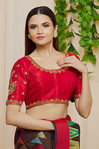 Buy Red Art Silk Embroidered Floral And Peacock Round Botanical Blouse ...