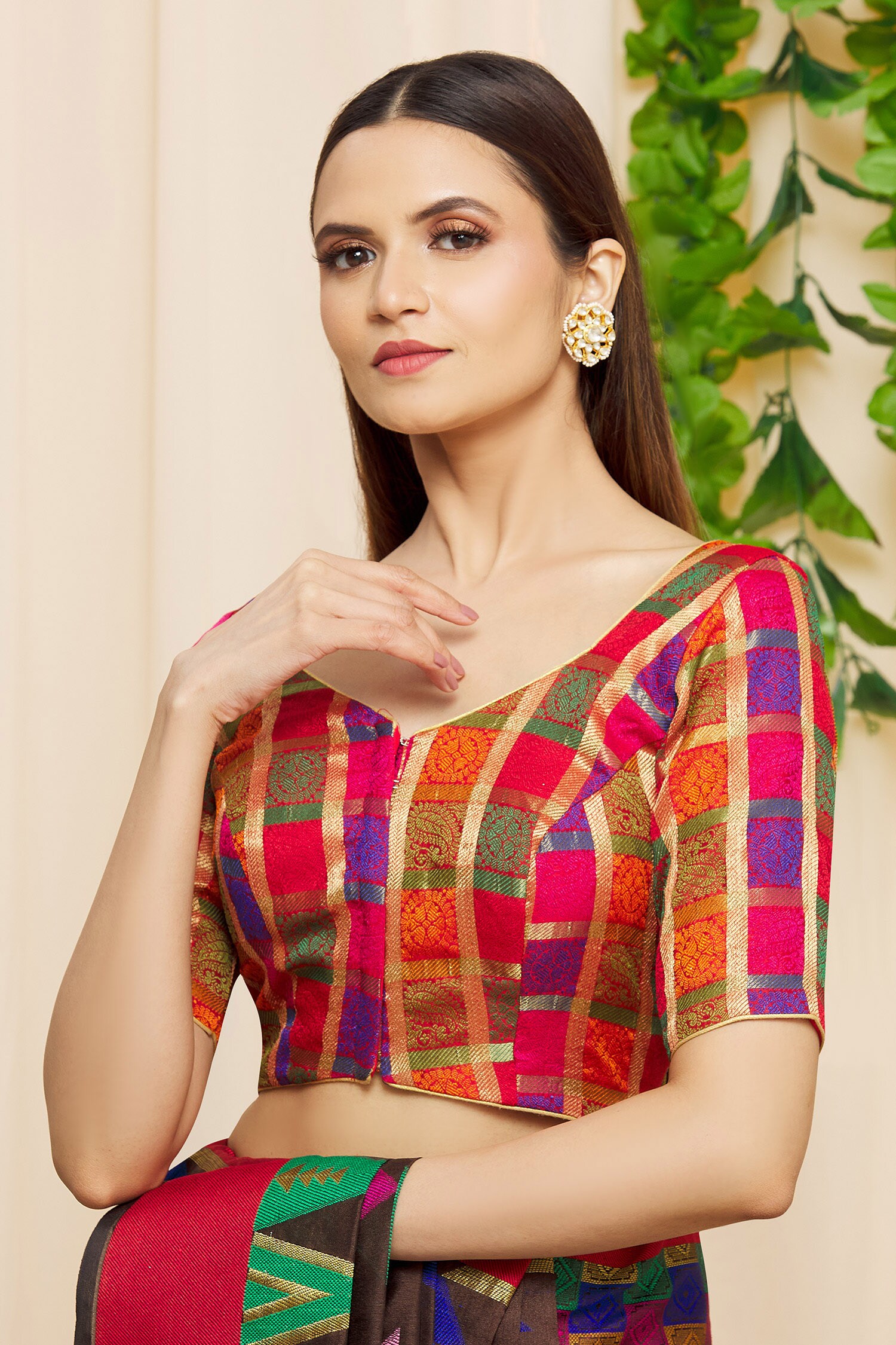 Buy Samyukta Singhania Multi Color Jacquard Leaf Neckline Blouse Online ...