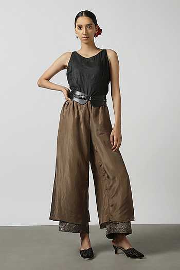 Buy Brown Soft Silk Embroidered Sequin Work Layered Pant For Women by ...