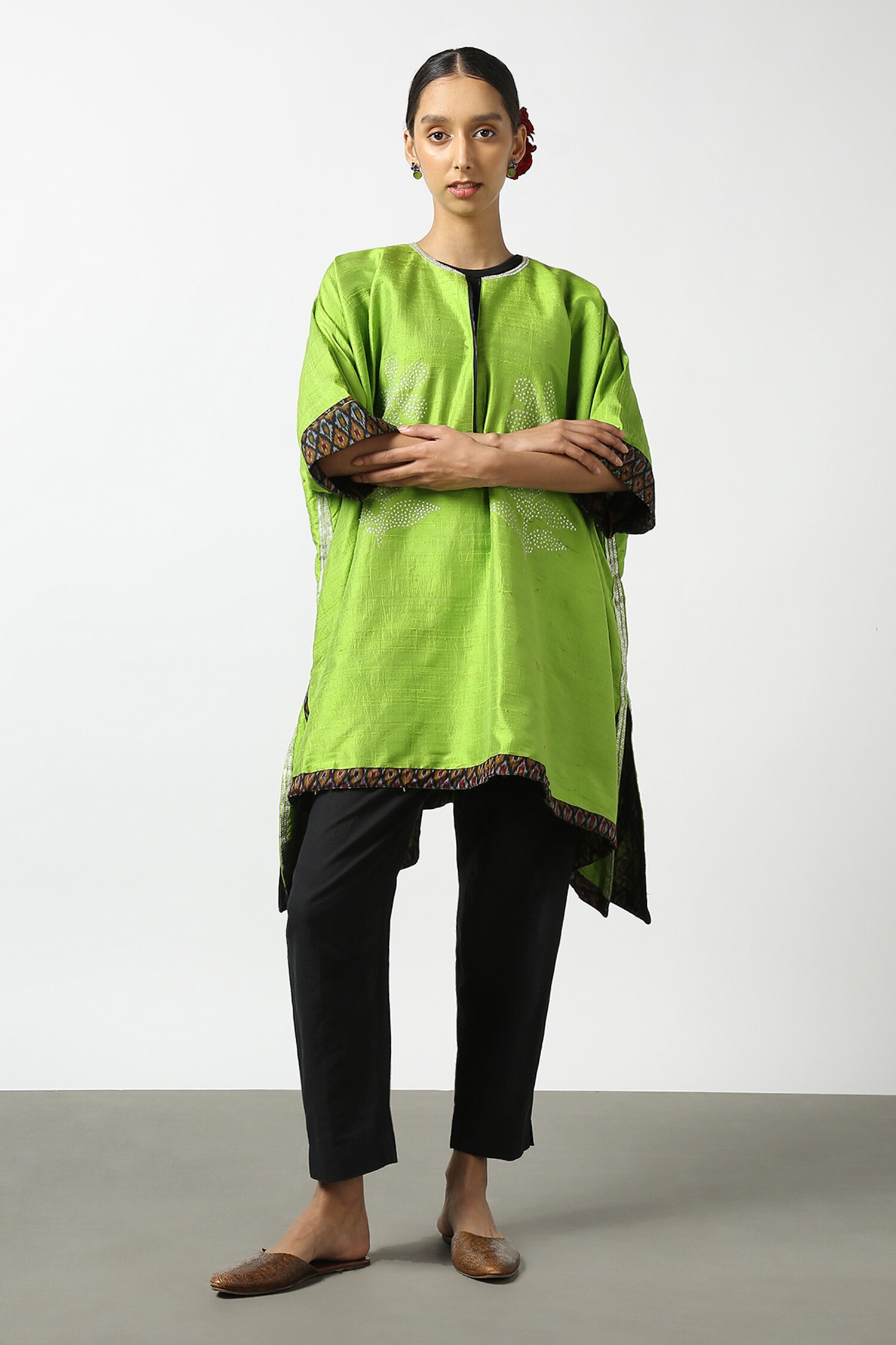 Buy Green Raw Silk Hand Embroidered And Printed Asymmetric Phiran Tunic ...