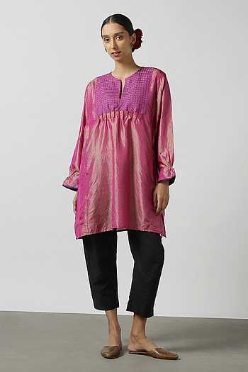 Buy Pink Two Tone Silk Hand Embroidered Thread And Bead Yoke Phiran ...