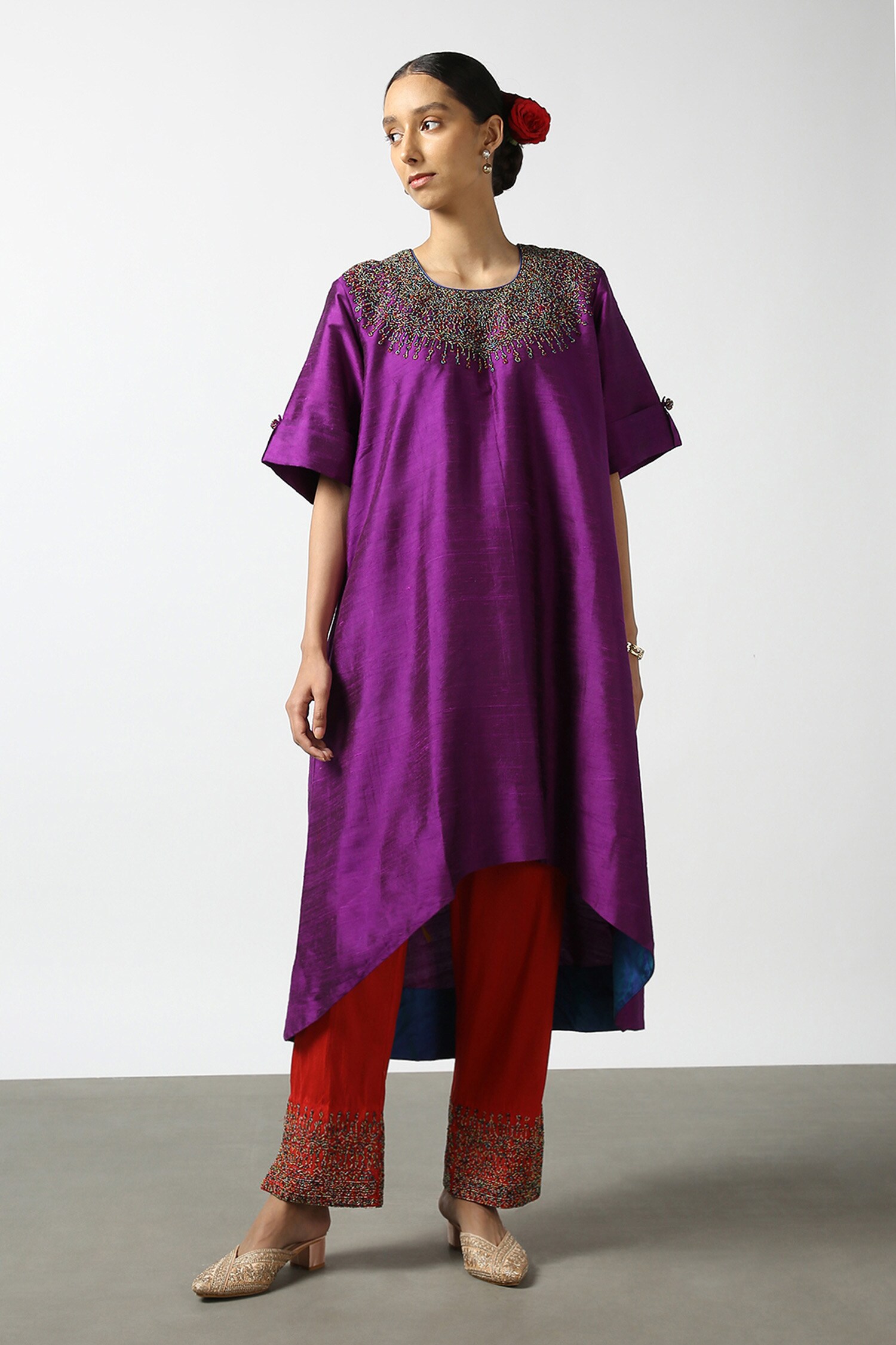 Buy Purple Raw Silk Embroidery Glass Bead Round Neckline Tunic For ...