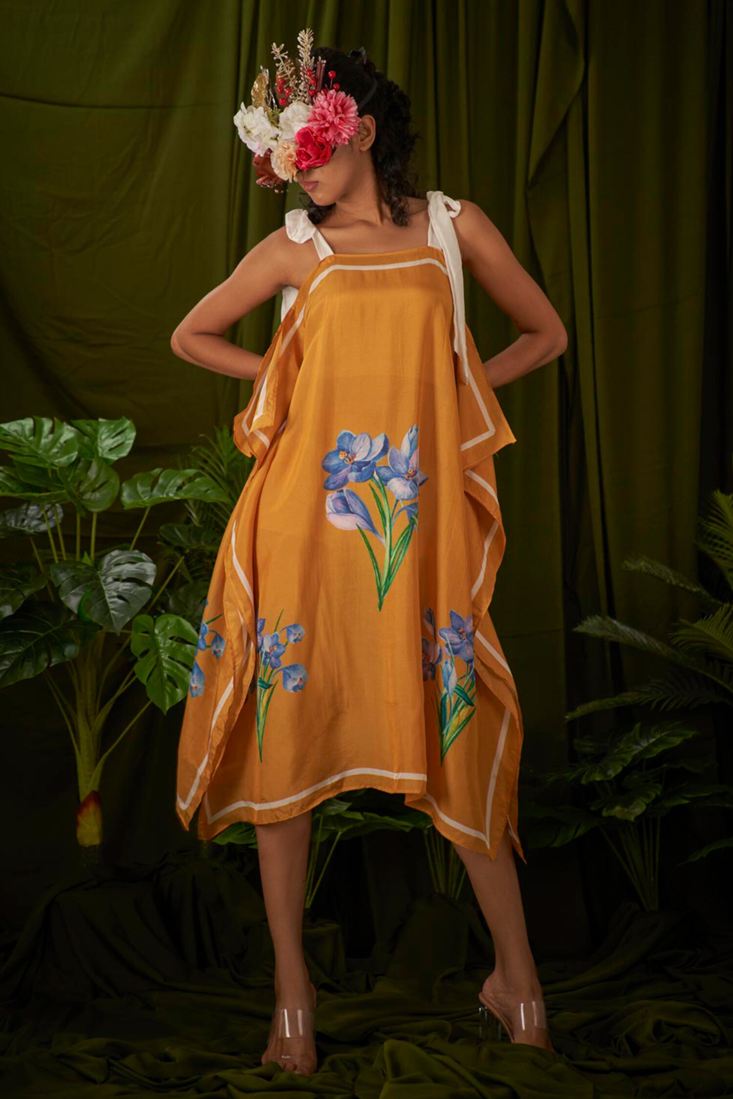 Buy Pooja Bagaria Yellow Upada Silk Wild Saffron Print Scarf Dress ...