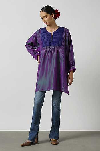 Buy Purple Two Tone Silk Hand Embroidered Thread And Bead Yoke Phiran ...