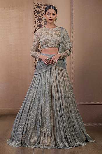 Buy Blue Blouse : Tulle Embroidered Metallic Crinkle Lehenga Saree With ...