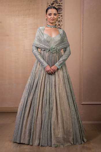 Buy Tarun Tahiliani Blue Crinkle Tulle Sculpted Shimmer Finish Cape ...