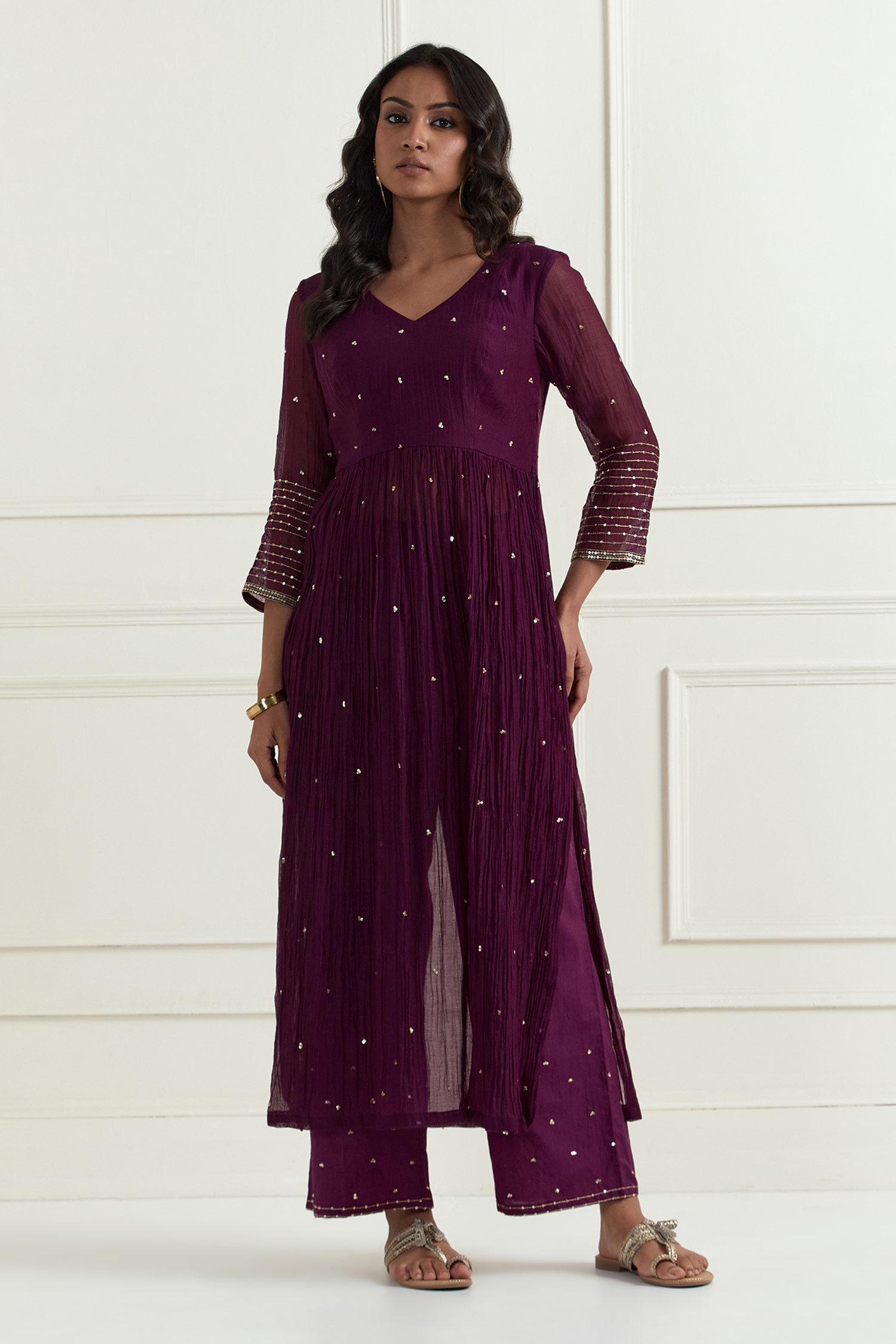 Buy Purple Chanderi Embroidery Sequin V Neck Side Slit Kurta With Pant ...