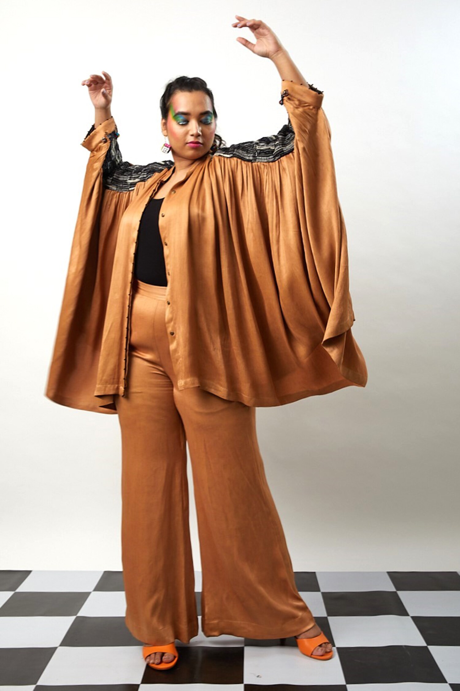 Buy Brown Plain Stand Collar Asymmetric Fabric Panel Shirt For Women by ...