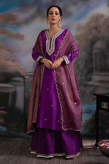 Buy Meesa Purple Chanderi Silk Placed Moon Embroidered Kurta Sharara ...