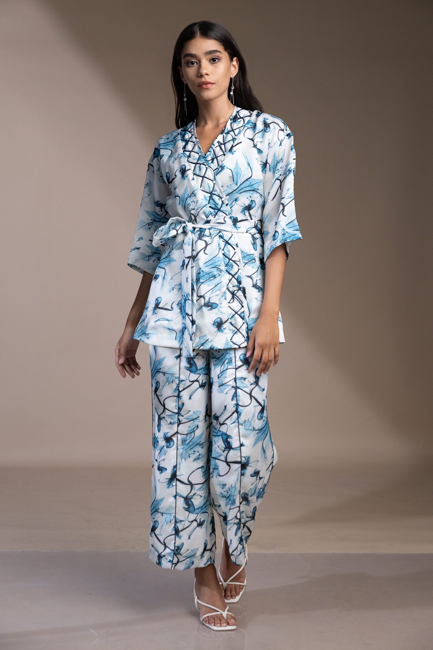 Buy White Satin Georgette Floral Abstract Wrap Pattern Around Top For ...