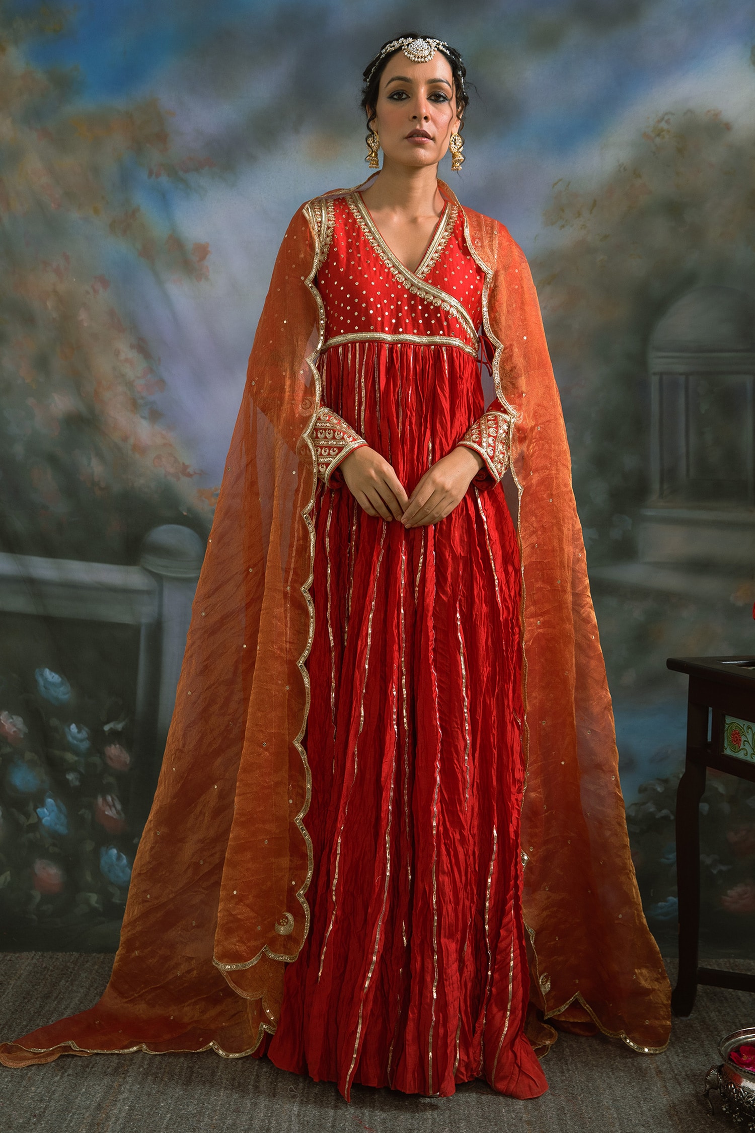 Buy Red Chanderi Silk Embellished Angarkha Anarkali With Dupatta For ...