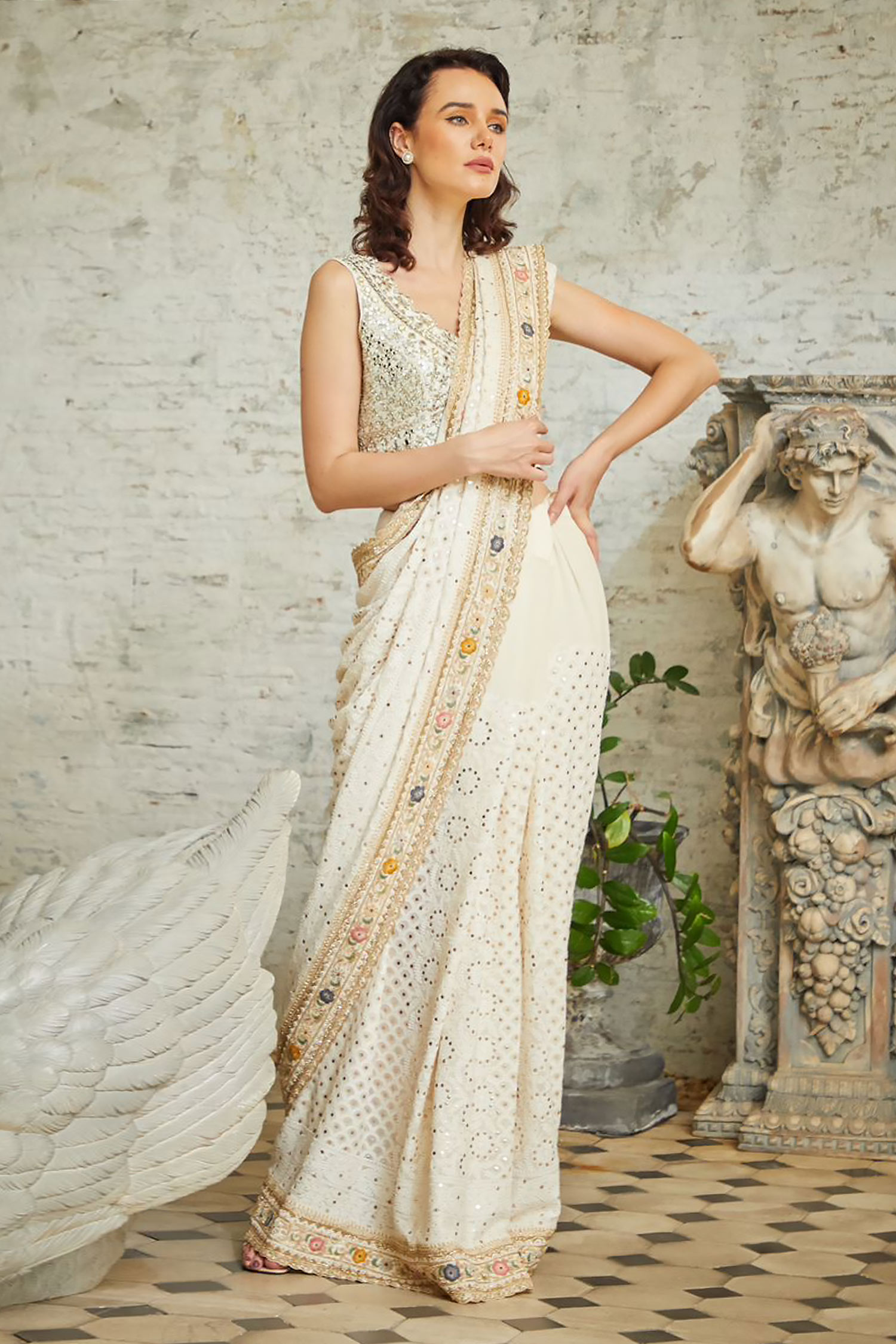 Buy SAYISHA Beige Floral Chikankari Saree Online | Aza Fashions