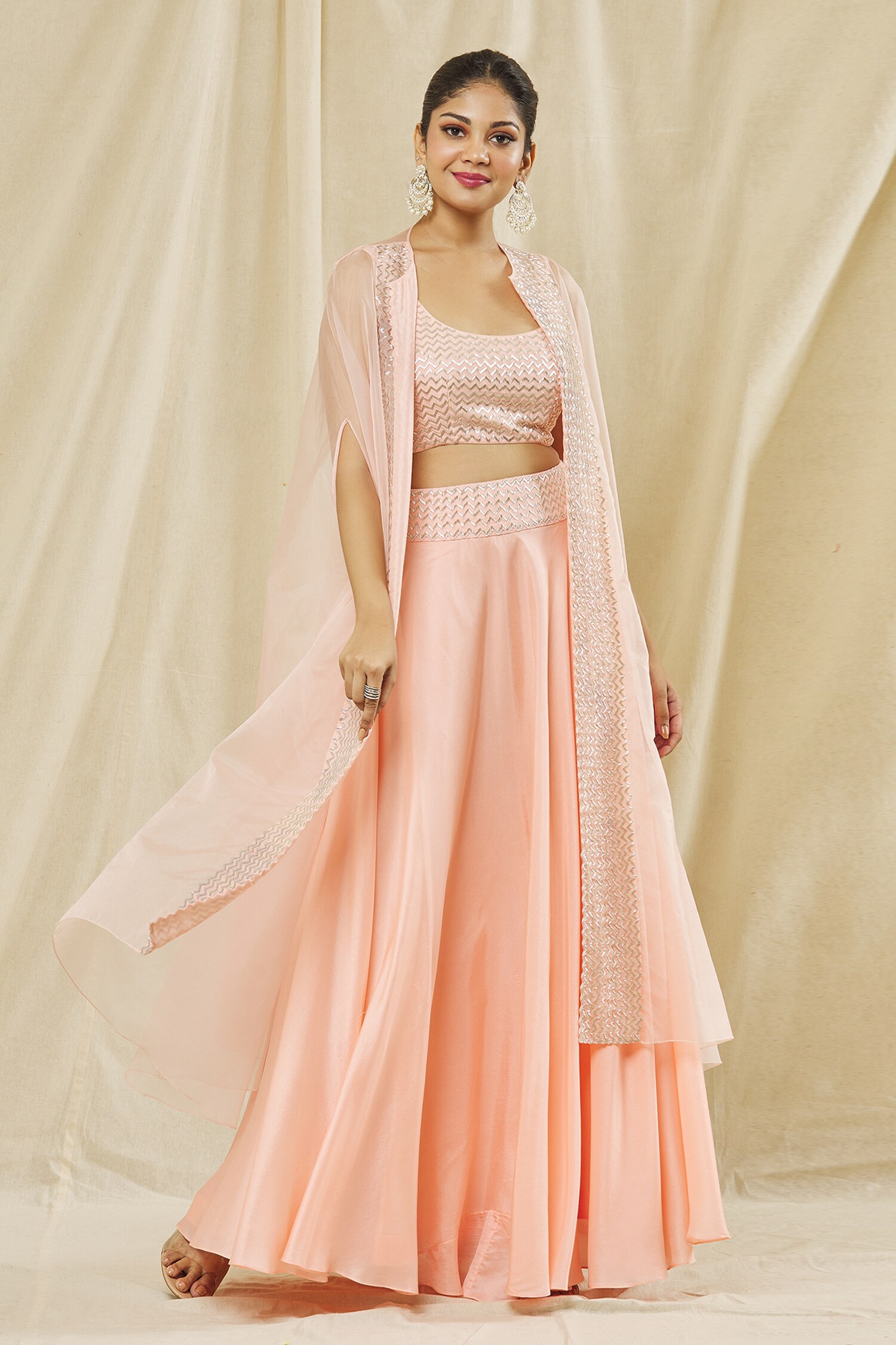 Buy Pink Silk Embroidered Floral Round Glass Pipe Cape And Skirt Set ...