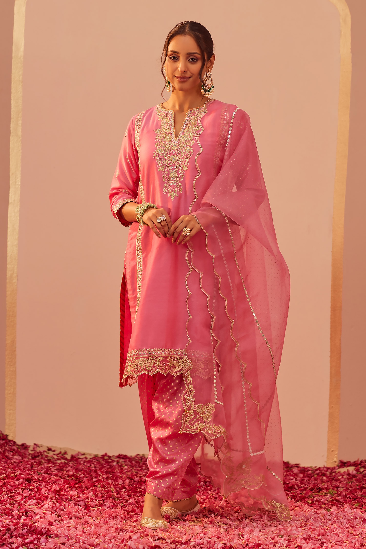 Buy Pink Kurta Silk Chanderi Embroidery Tilla Notched Aaima Thread Set ...