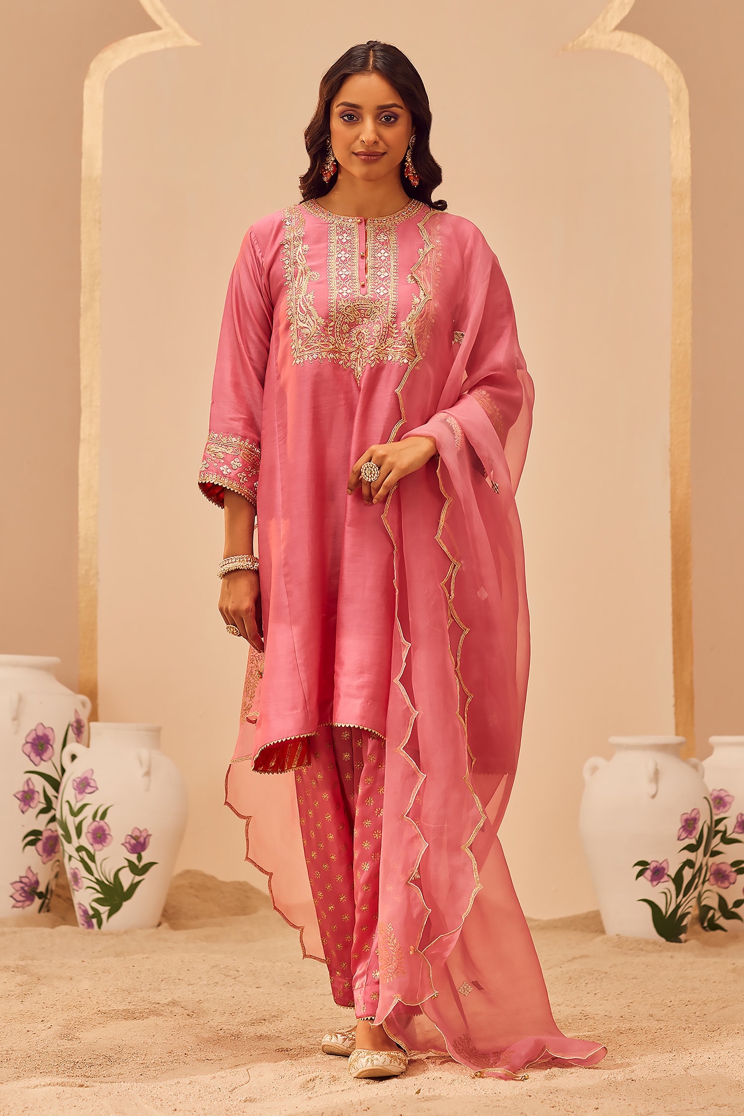 Buy Pink Kurta: Silk Chanderi Embroidery Tilla Round Aymra Choga Set ...