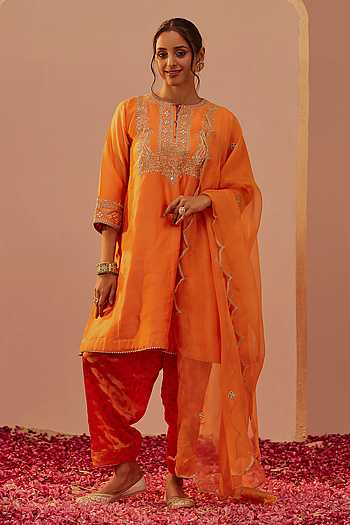 Buy Orange Kurta Silk Chanderi Embroidery Tilla Round Aymra Choga ...