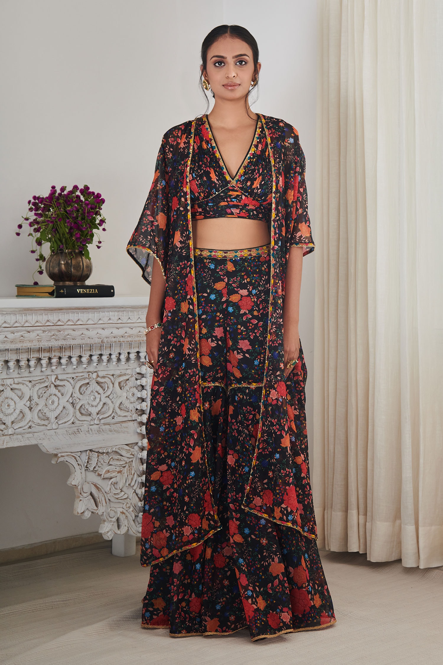 Buy Black Chiffon Embroidered Thread Jacket Open Floral Print Set For ...