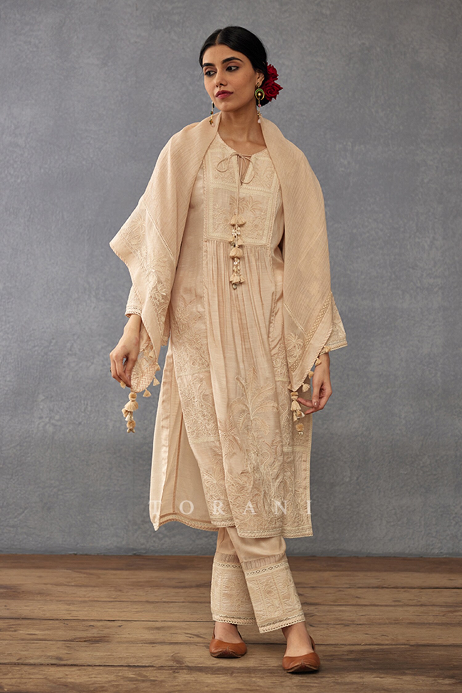 Buy Beige Handwoven Thin Chanderi Hand Mradu Deba Priya Kurta Pant Set ...